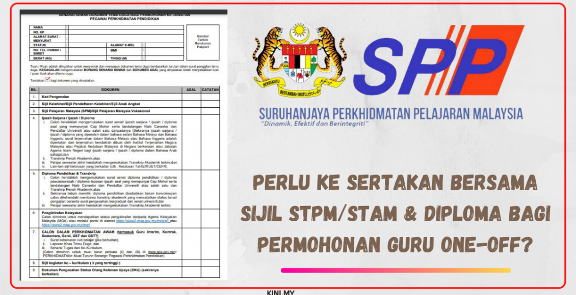 Perlu Ke Sertakan Bersama Sijil STPM/STAM & Diploma Bagi Permohonan Guru One-Off?